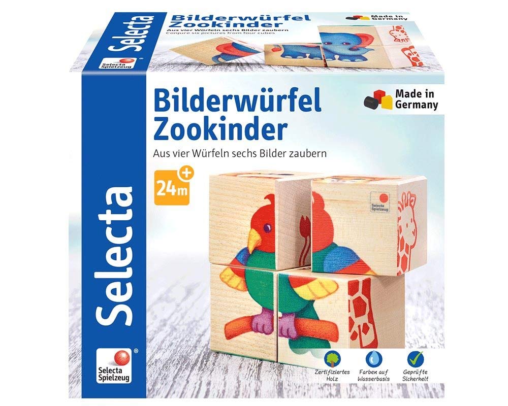 Selecta 62050 Picture Cube Zookinder Wooden Cube Puzzle 4 Pieces – TopToy
