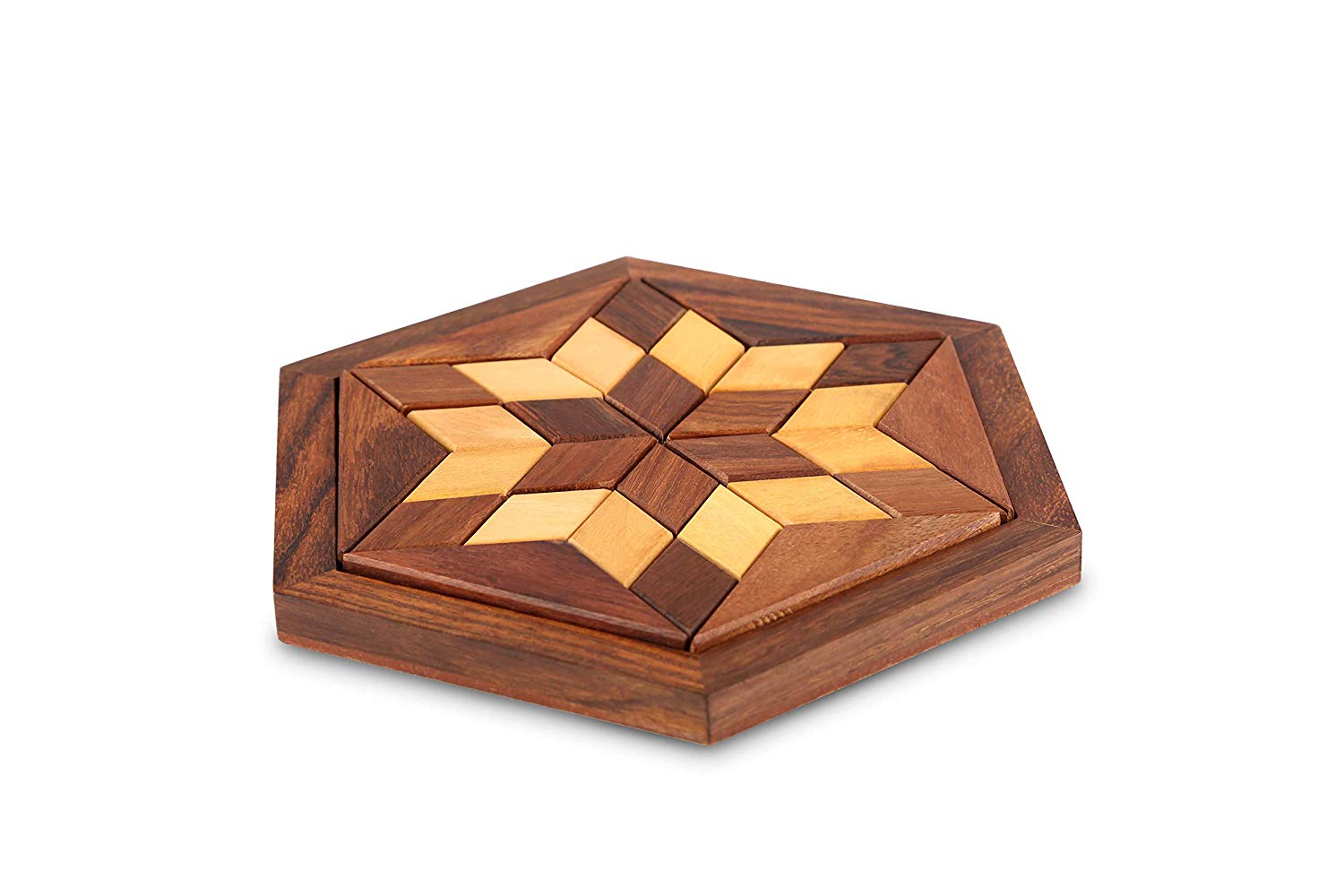 Penguin Home Hexagonal Wood Tangram Puzzle Game 6-inch, Natural, Wooden ...