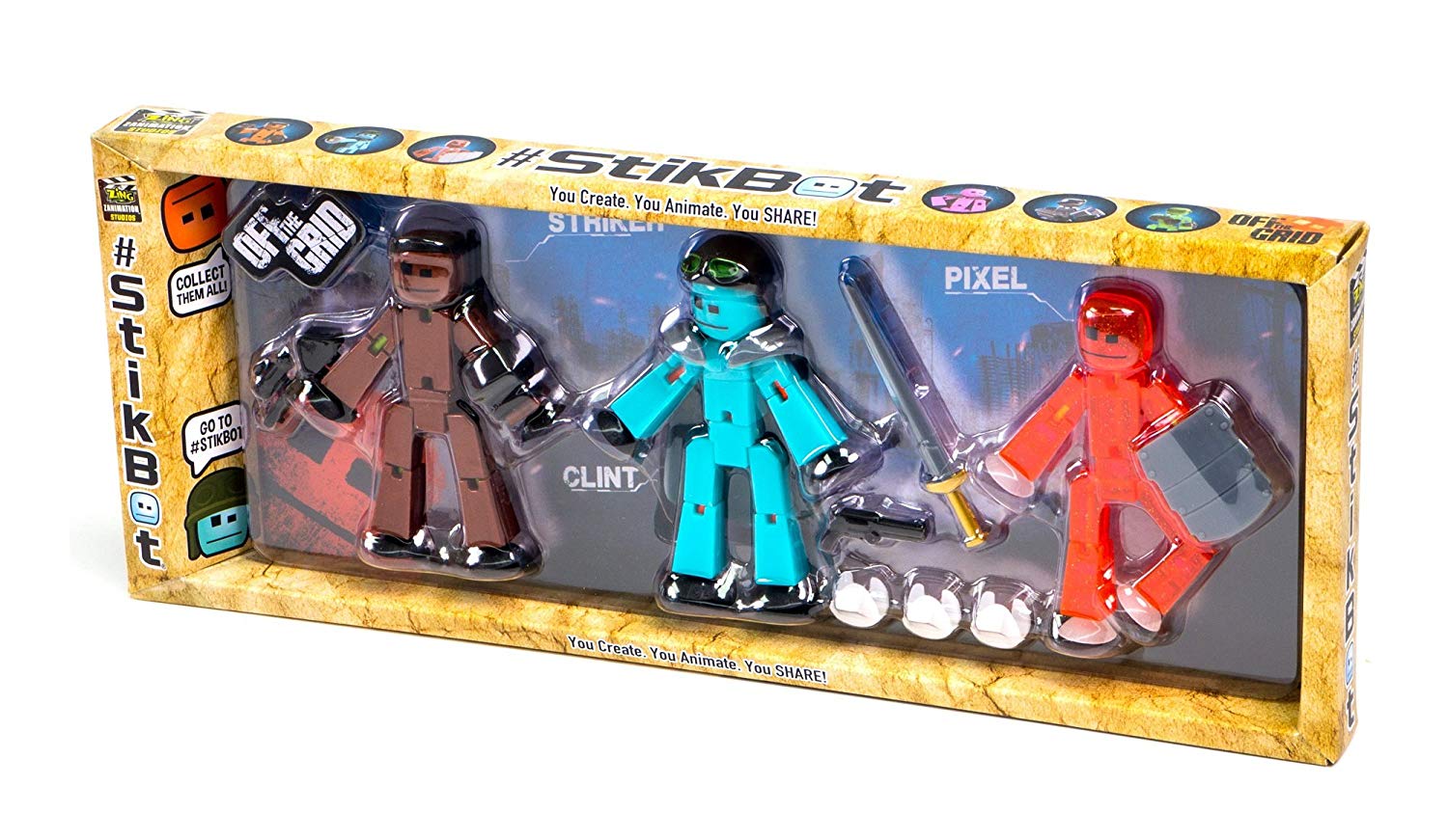 Off The Grid Stikbot Figures – Striker, Clint and Pixel – TopToy