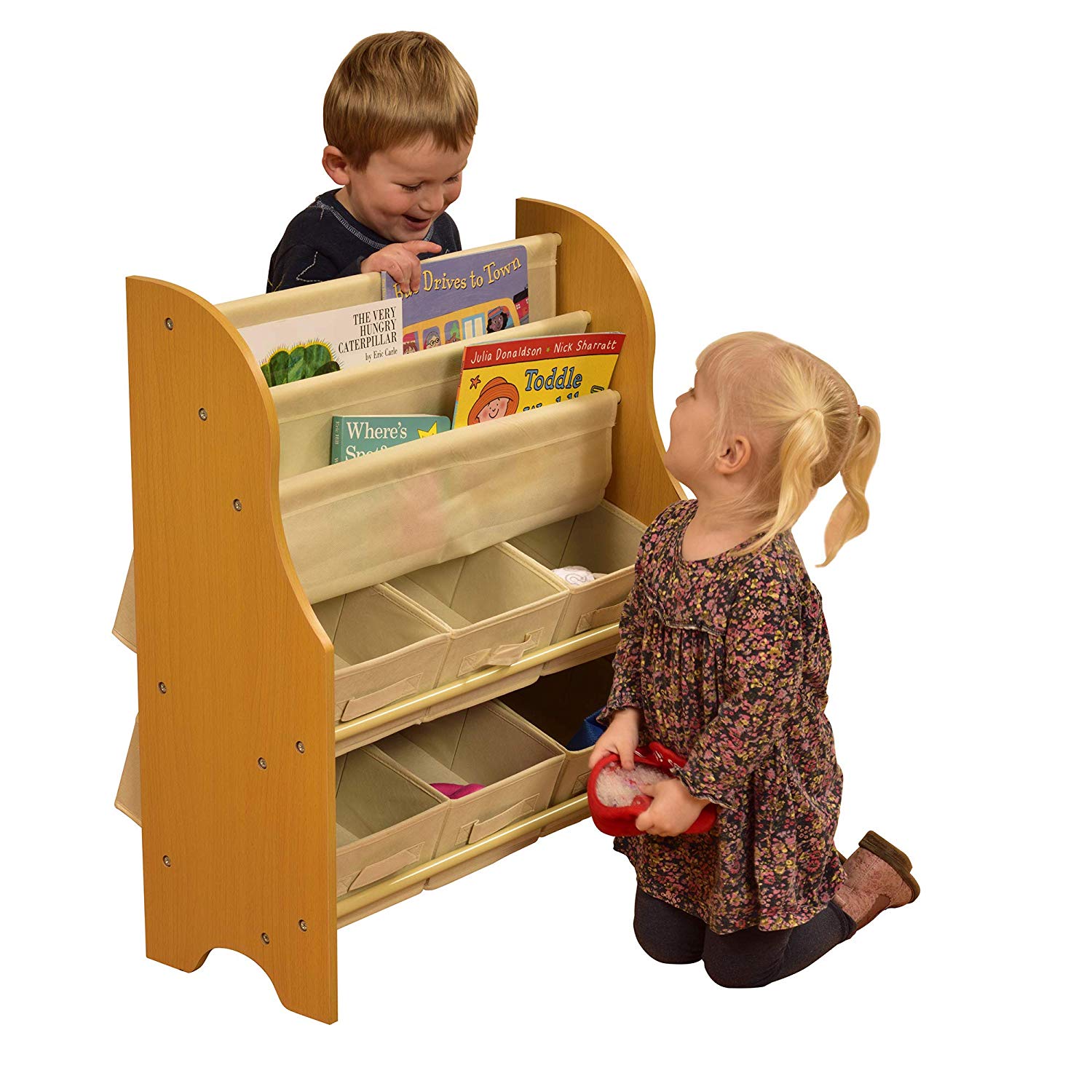 Tikk Tokk Wooden Book Display with 6 Storage Bins, MDF, 71cm H x 61 cm W x 30cm D – TopToy