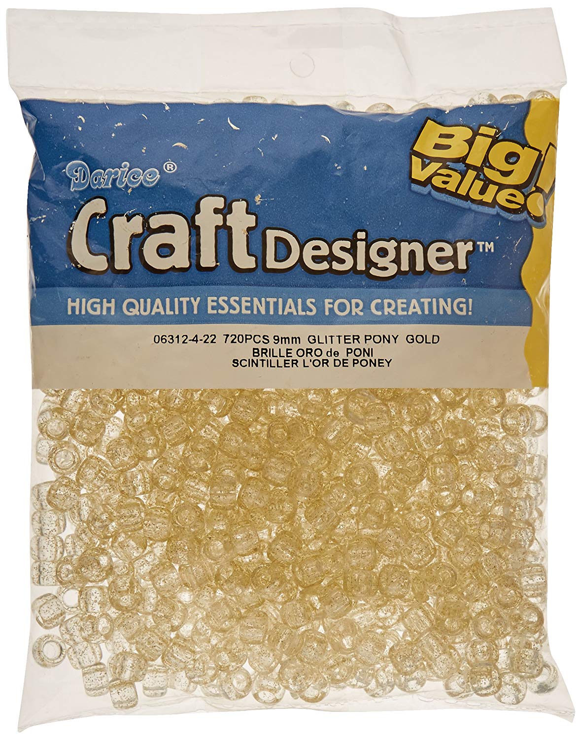 Darice Pony Beads 6mmX9mm 720/Pkg-Transparent Glitter Gold, Transparent ...