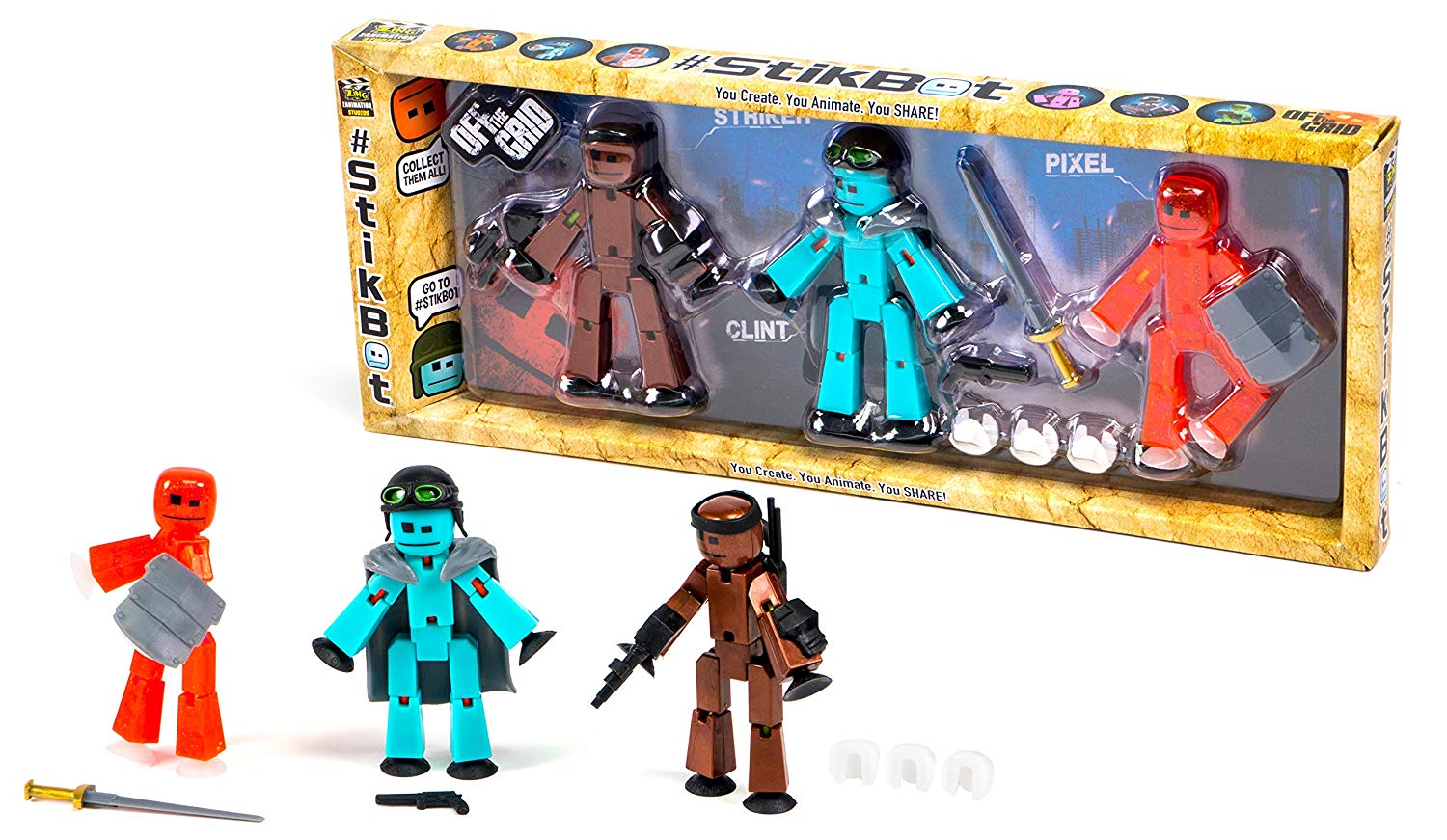 Off The Grid Stikbot Figures – Striker, Clint and Pixel – TopToy