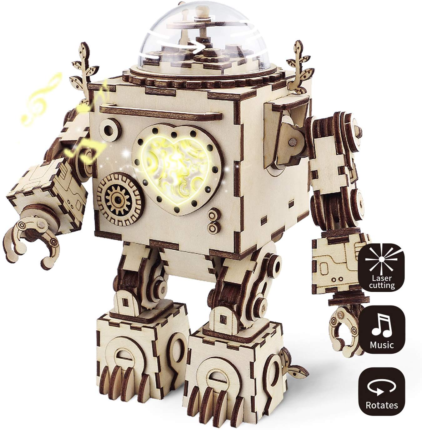ROBOTIME Wooden Model Kits 3D Puzzle Robot Music Box – Adults 3D Jigsaw ...