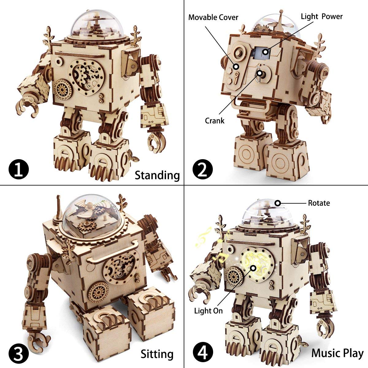 ROBOTIME Wooden Model Kits 3D Puzzle Robot Music Box – Adults 3D Jigsaw ...