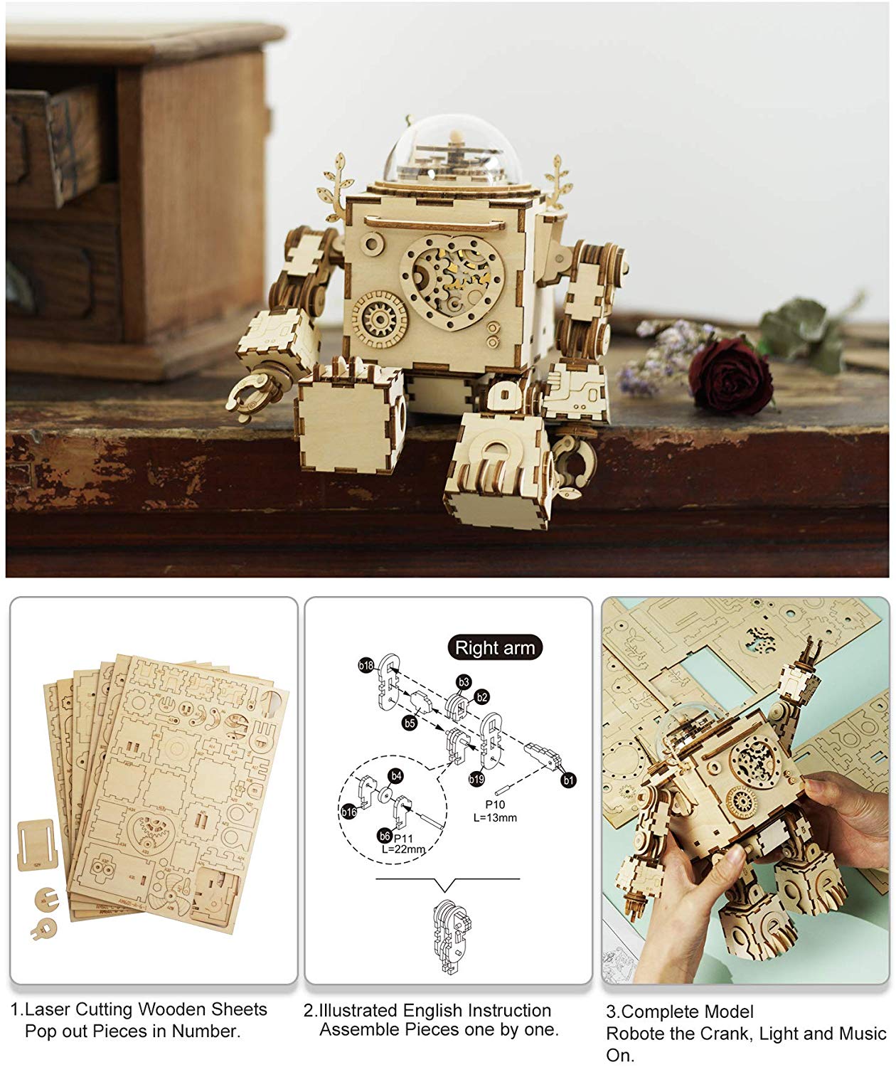 ROBOTIME Wooden Model Kits 3D Puzzle Robot Music Box – Adults 3D Jigsaw ...