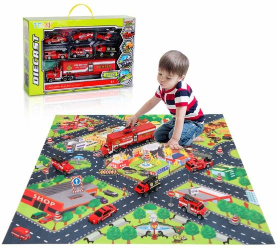 TEMI Diecast Emergency Fire Rescue Vehicle Toy Set w/ Play Mat, Truck ...