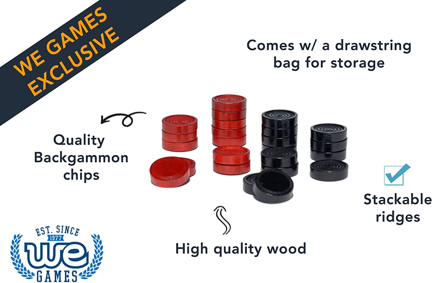 Traditional Wood Draught & Backgammon Pieces with Stackable Ridge – Red ...