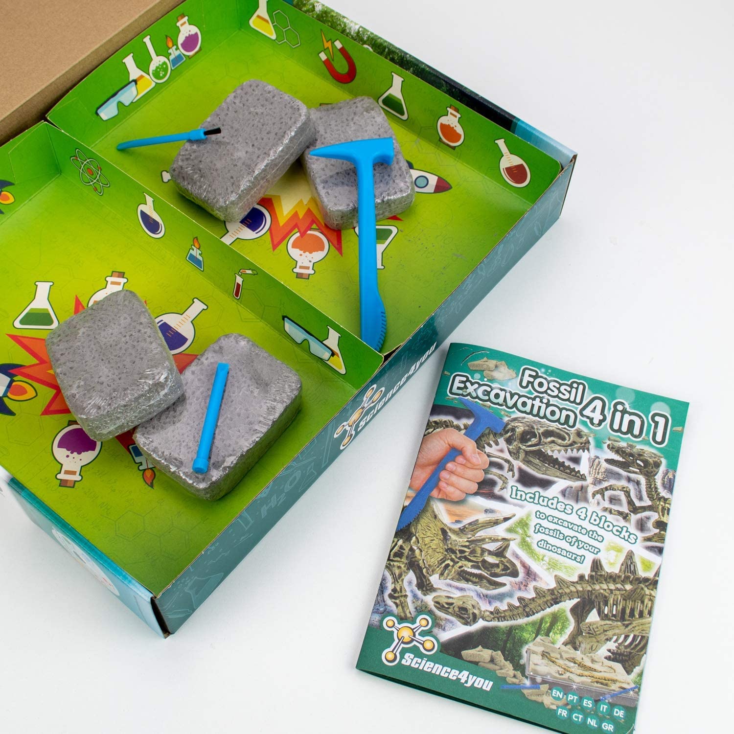 Science4you Fossil Excavation 4 in 1 Fossil Digging Kit for Kids ...