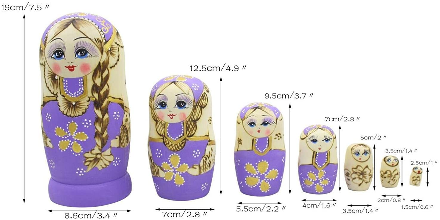 Set 7 Pcs Long Braids Girl Purple Matryoshka Dolls Babushka Doll ...