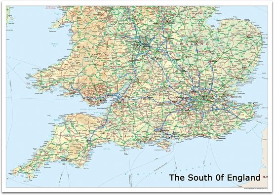 The South of England Map – 100cm x 70cm- Includes Cities, Towns and ...