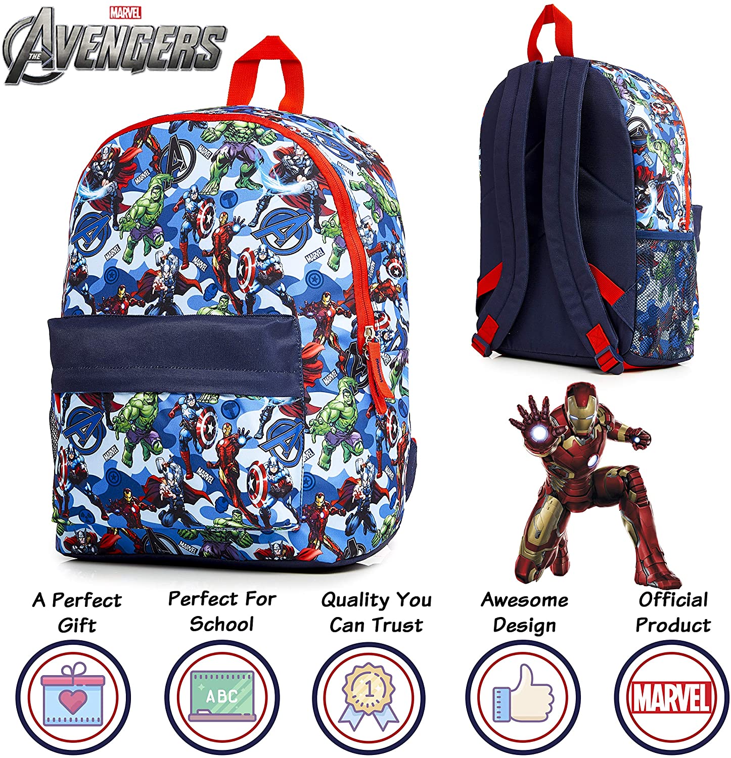 Marvel Avengers School Bag with Captain America Iron Man Incredible ...