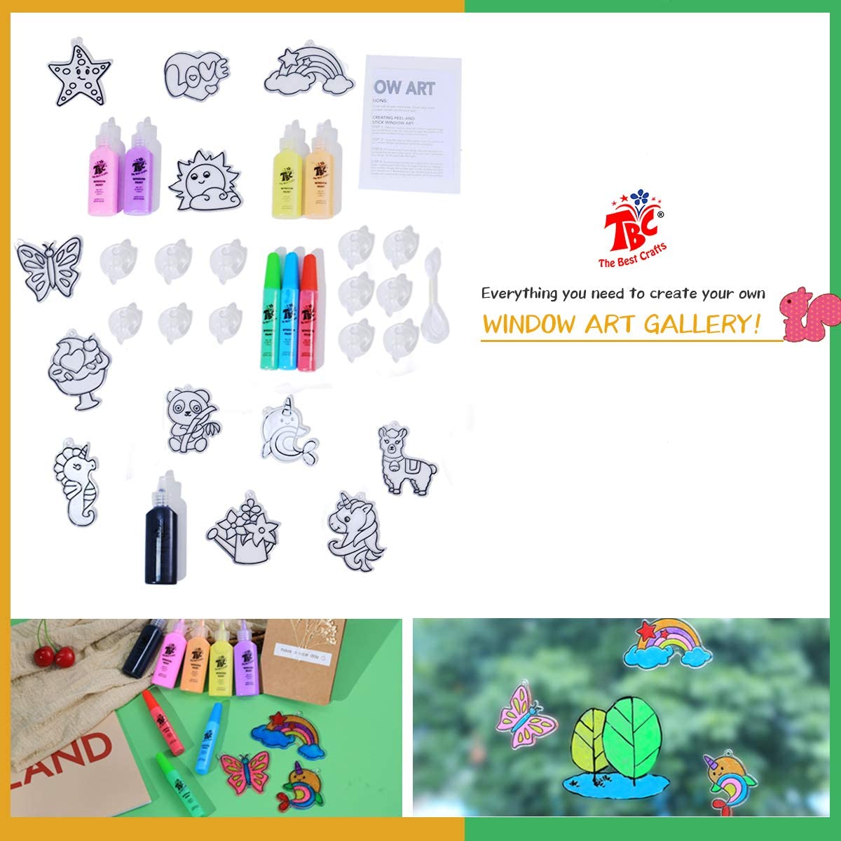 TBC The Best Crafts Window Film Stained Glass Kit 6 Paints and 20 ...