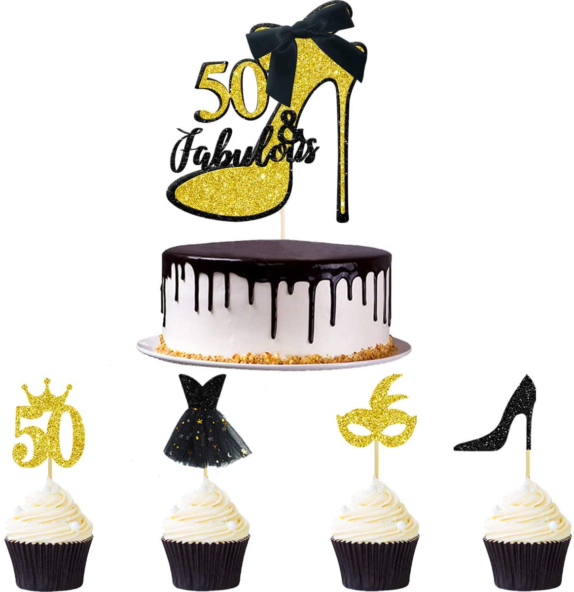 MYM 33pcs Black Gold Glitter 50 & Fabulous Cake Topper Fifty and ...