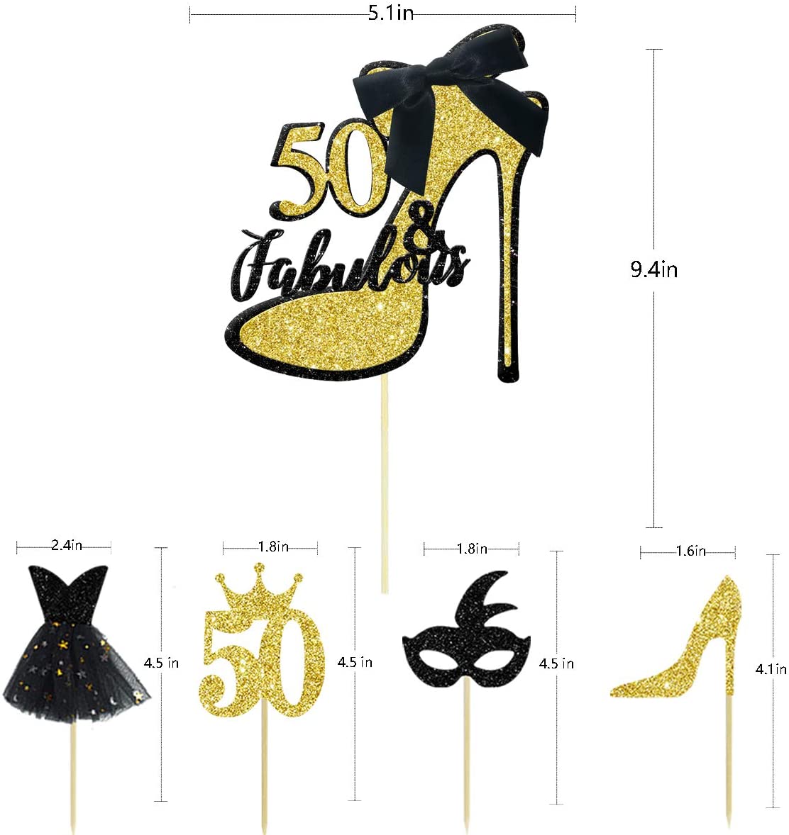 MYM 33pcs Black Gold Glitter 50 & Fabulous Cake Topper Fifty and ...