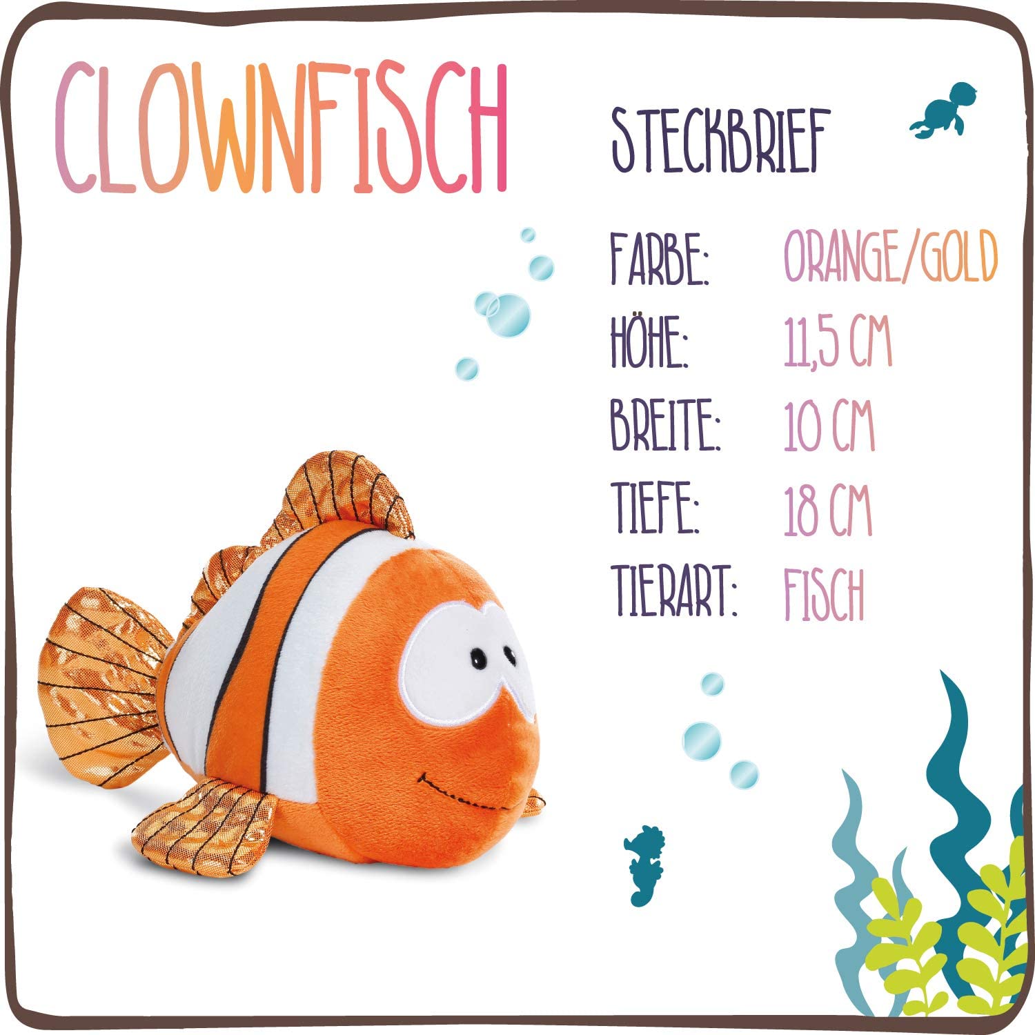 Nici 45357 Cuddly Soft Toy Clown Fish, Plush, 23 cm Lying, Orange/Gold ...