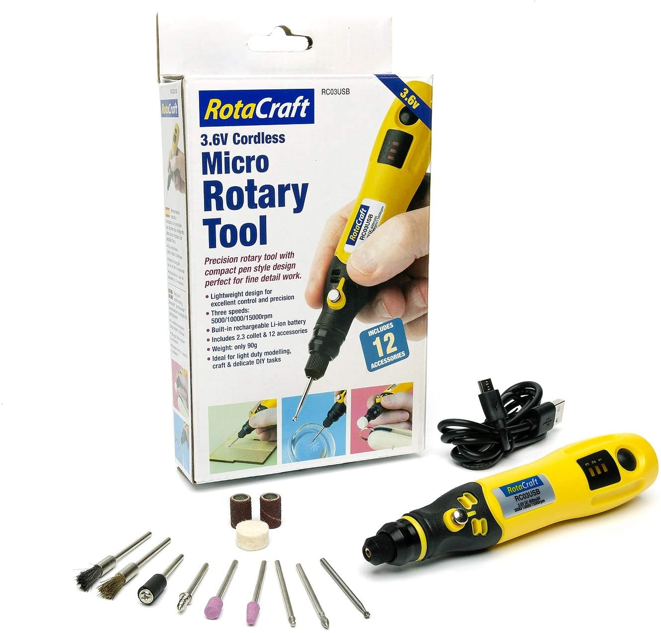 Rotacraft RC03USB 3.6V Cordless Micro Rotary Tool with 12 Accessories ...