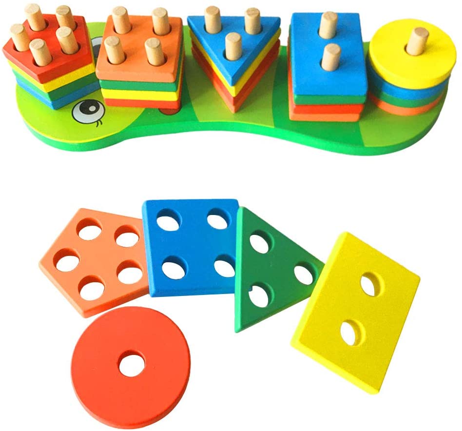 Arkmiido Wooden Shape Sorter Puzzle，Geometric Stacker Stacking Blocks ...