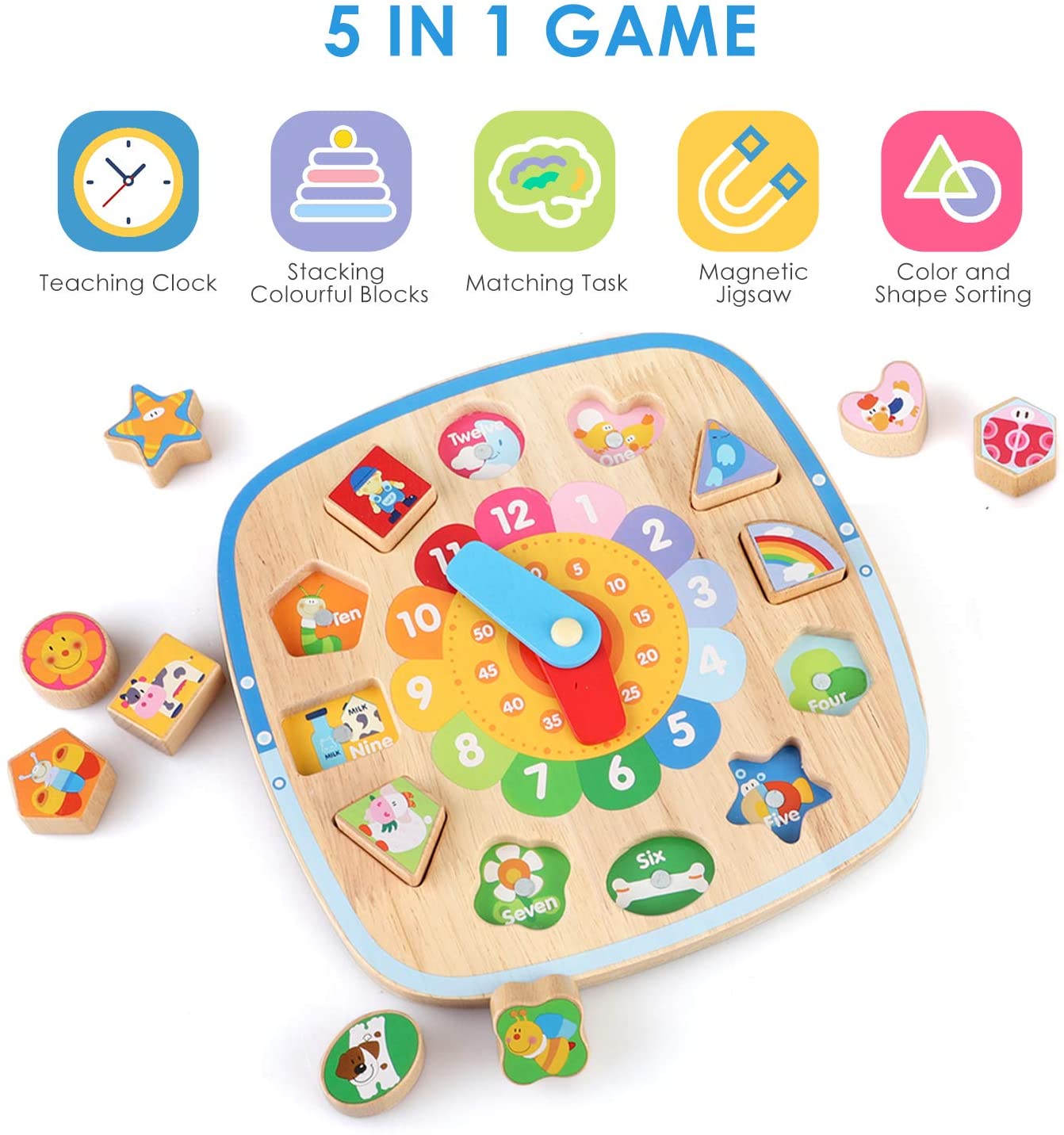 BeebeeRun Wooden Clock Toy 5 in 1 Educational Teaching Learning Clock ...