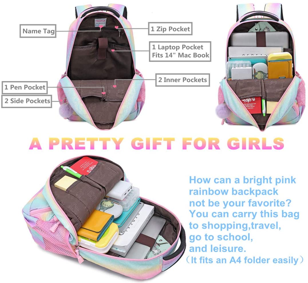 Girls Rainbow Glitter Backpack – Cute Kids Preschool Backpack ...