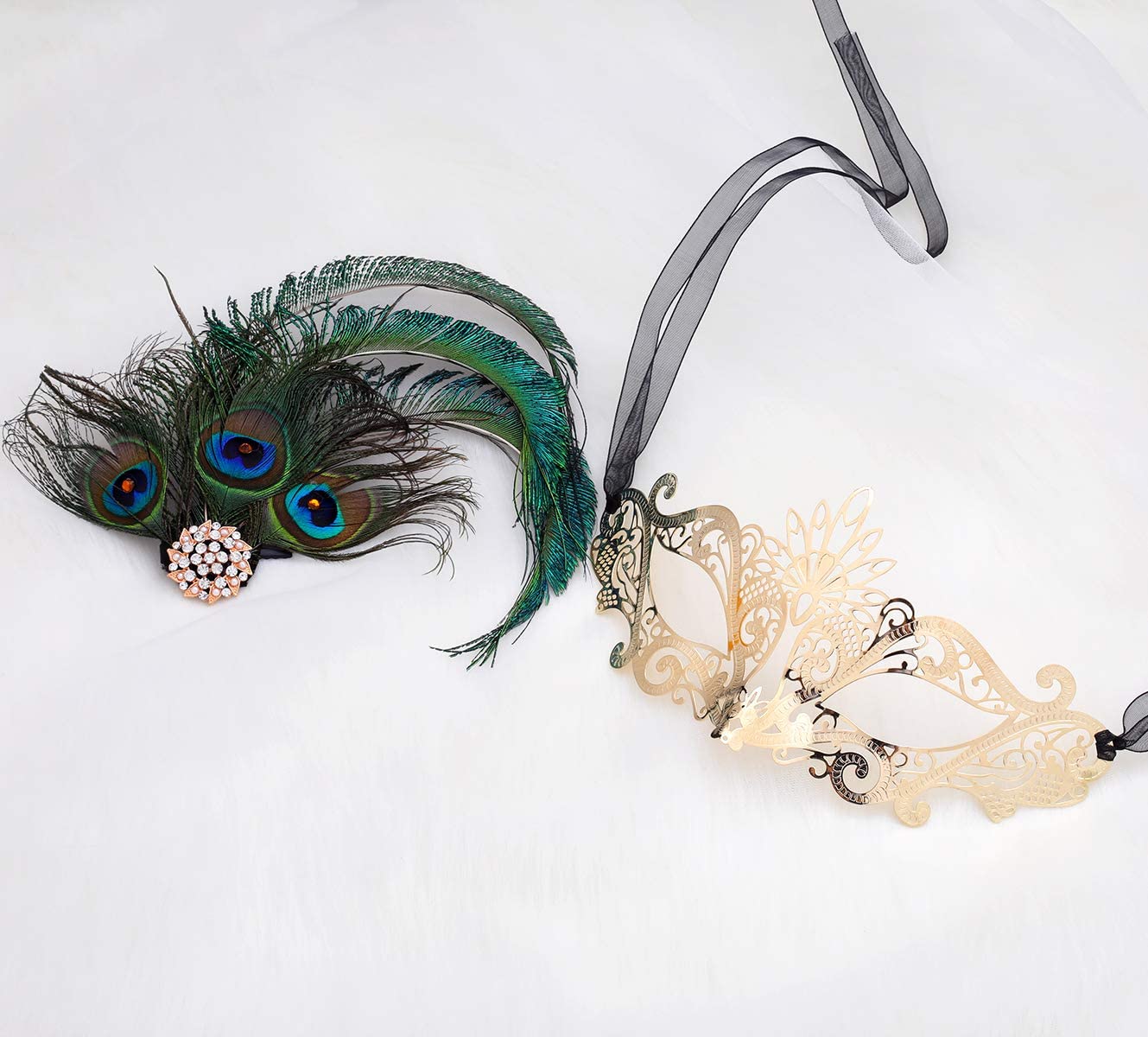 Coucoland Diamond Masquerade Masks with Feathers Metal Venetian Ball ...