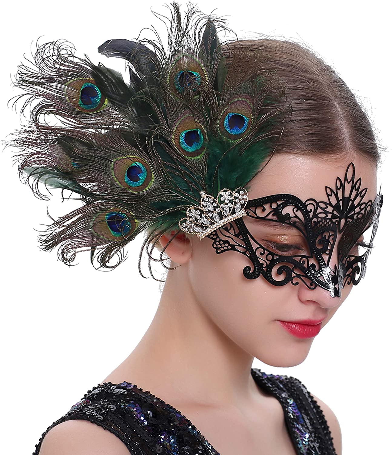 Coucoland Diamond Masquerade Masks with Feathers Metal Venetian Ball ...