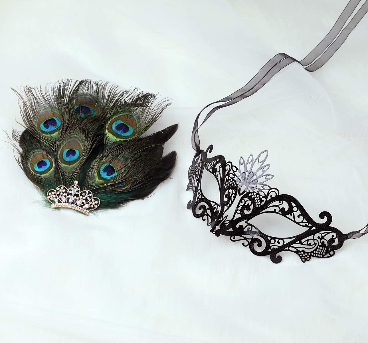 Coucoland Diamond Masquerade Masks with Feathers Metal Venetian Ball ...