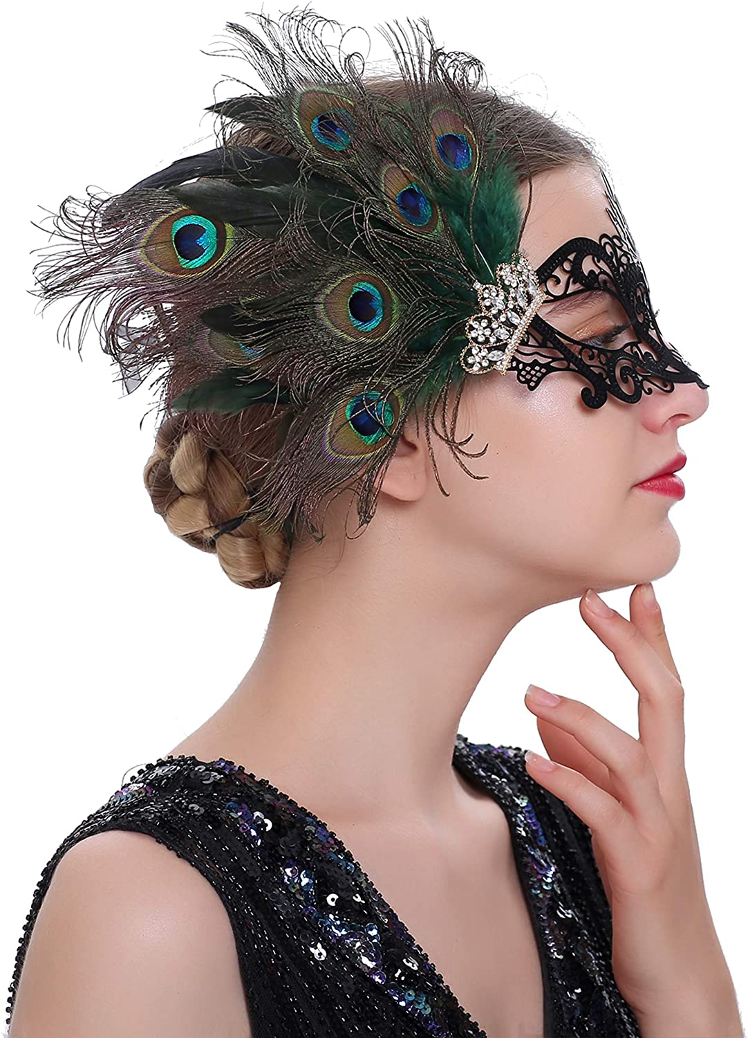 Coucoland Diamond Masquerade Masks with Feathers Metal Venetian Ball ...