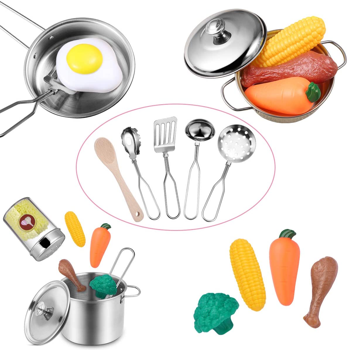 iBaseToy Play Kitchen Accessories Toys with Stainless Steel Cookware ...