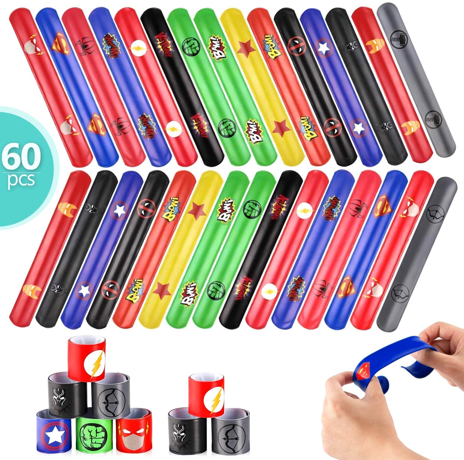 Funmo Slap Bands, 60 PCS Superhero Slap Bracelets Fun and Super Slap ...