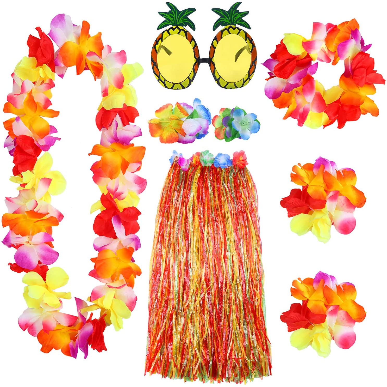ELCOHO 8 Pieces Large Colorful Hawaiian Hula Grass Skirt Sunglasses ...