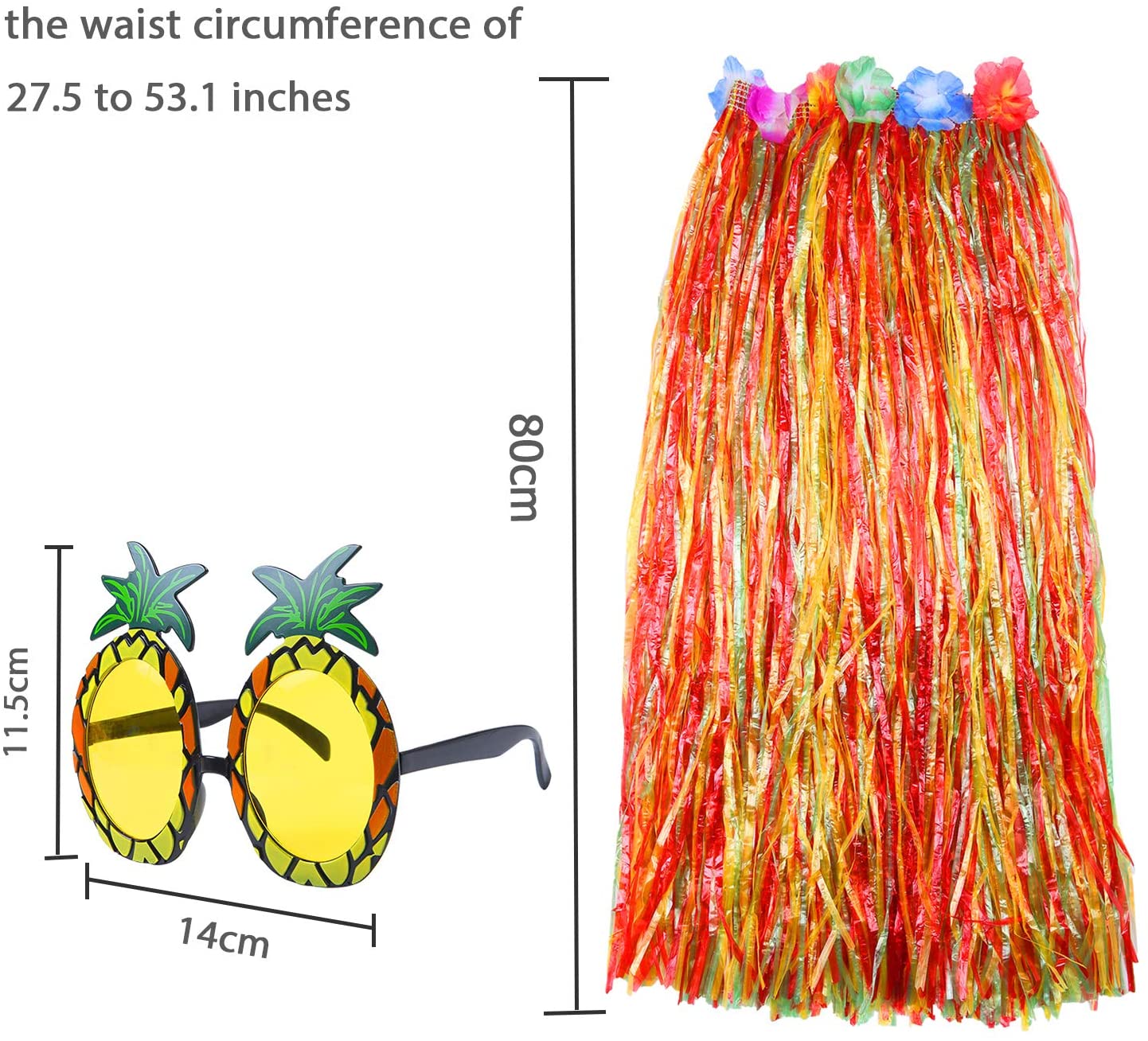 ELCOHO 8 Pieces Large Colorful Hawaiian Hula Grass Skirt Sunglasses ...
