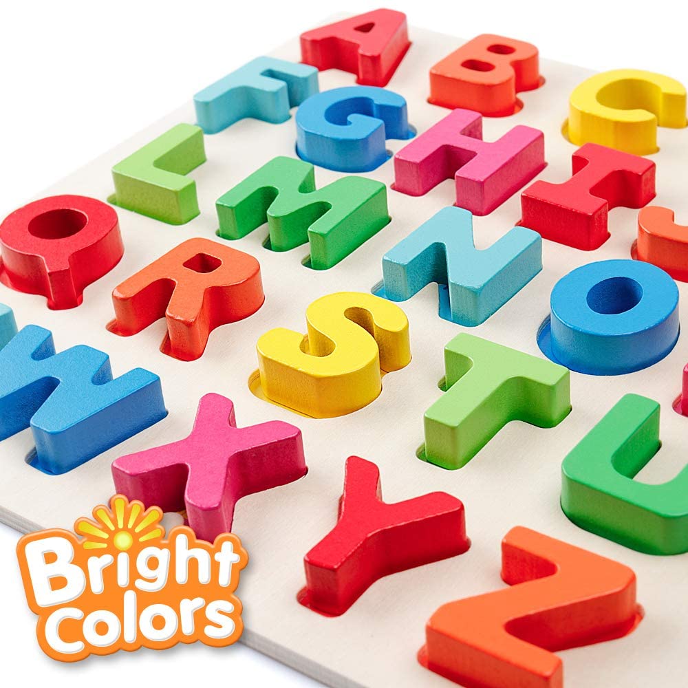 Wooden Alphabet Puzzle ABC Letters Peg Board Knob Montessori Jigsaw ...