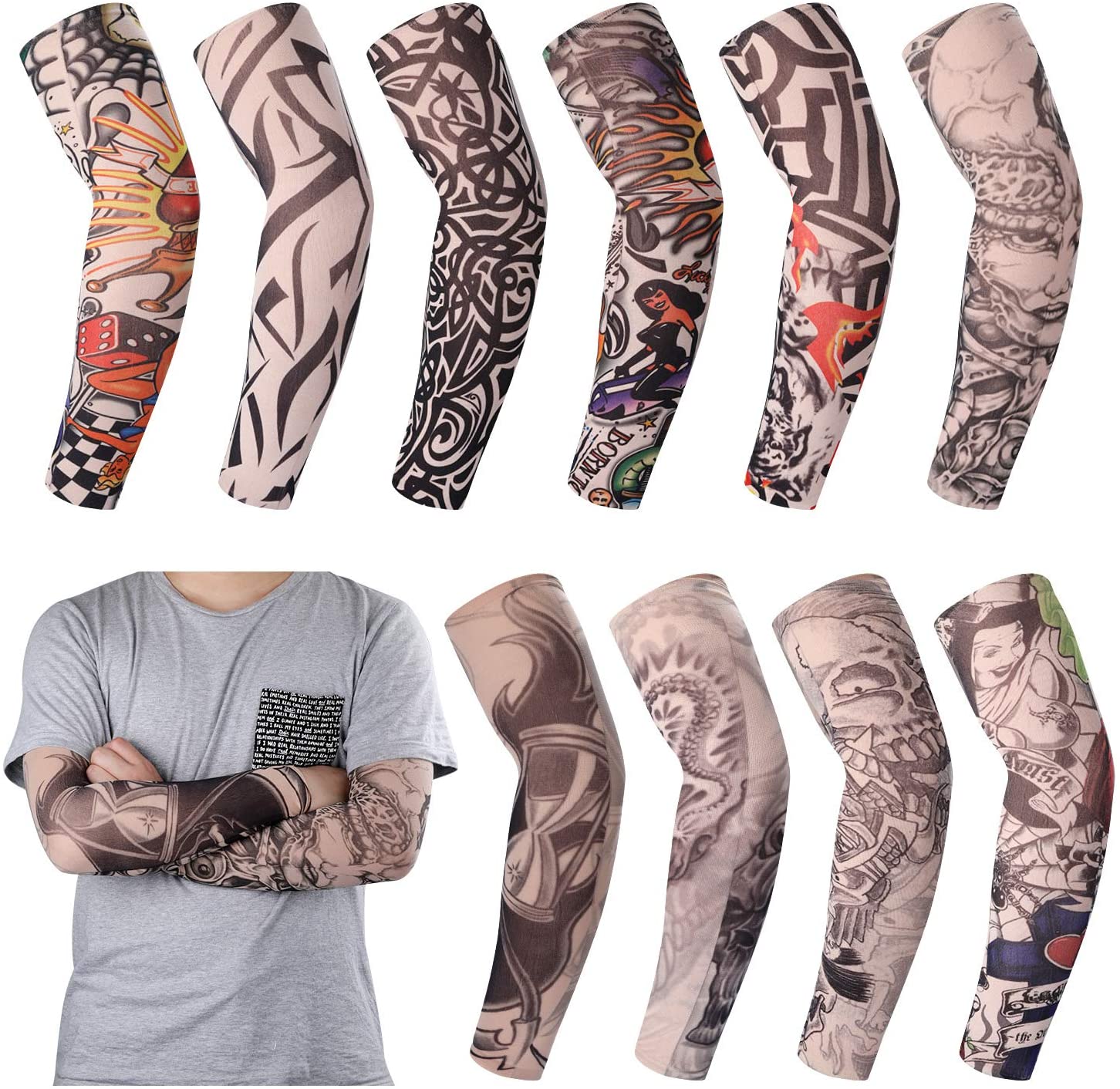 AIMTOP 10 Pcs Nylon Elastic Fake Temporary Tattoo Sleeve, Arm Sleeves ...