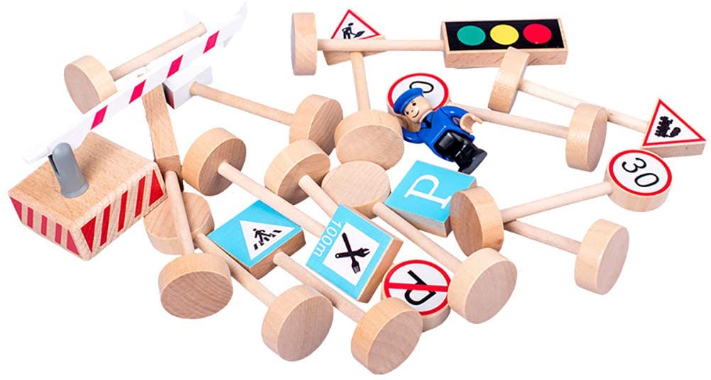 Toyvian 15pcs Traffic Signs and Lights Wooden Road Signs Accessory Set ...