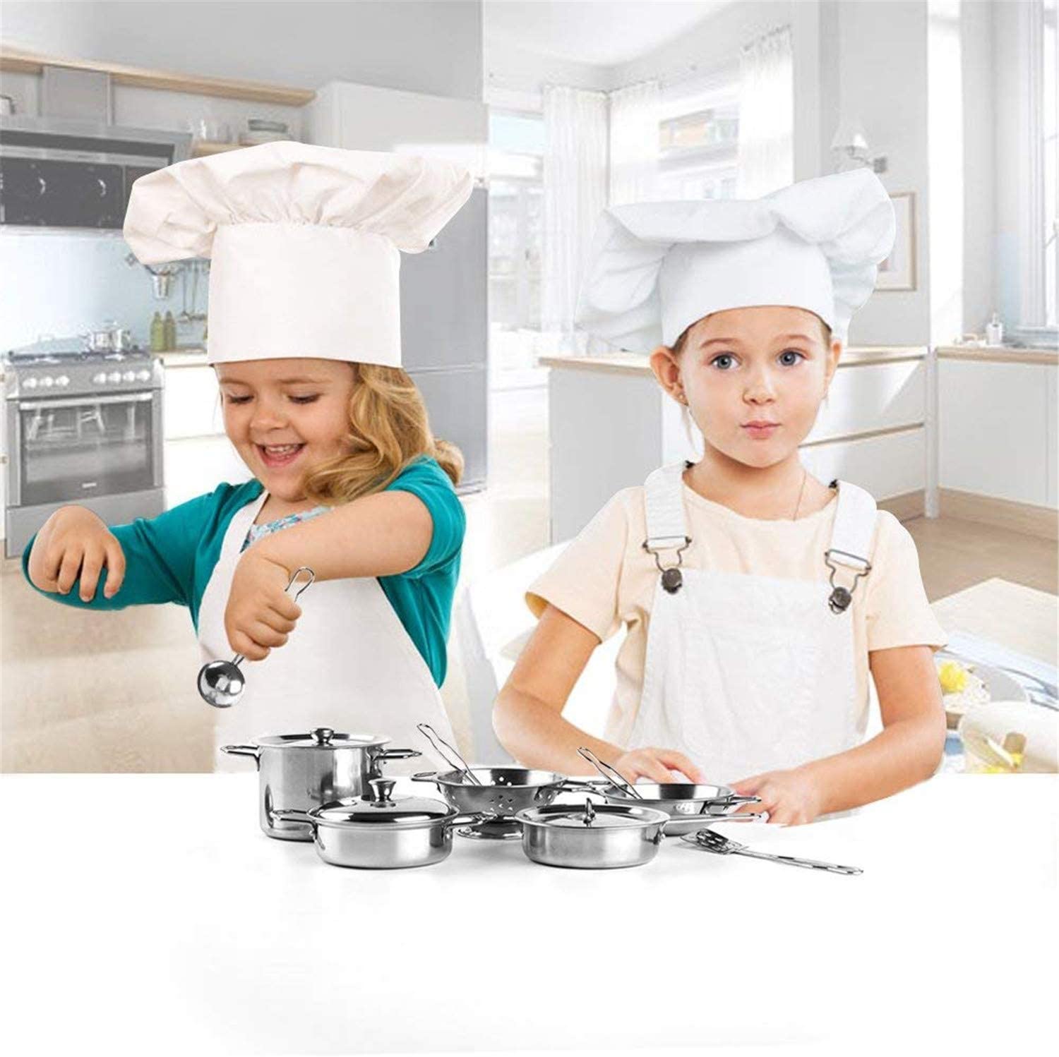 Scoolr Stainless Steel Pots and Pans Pretend Play Kitchen Set for Kids ...