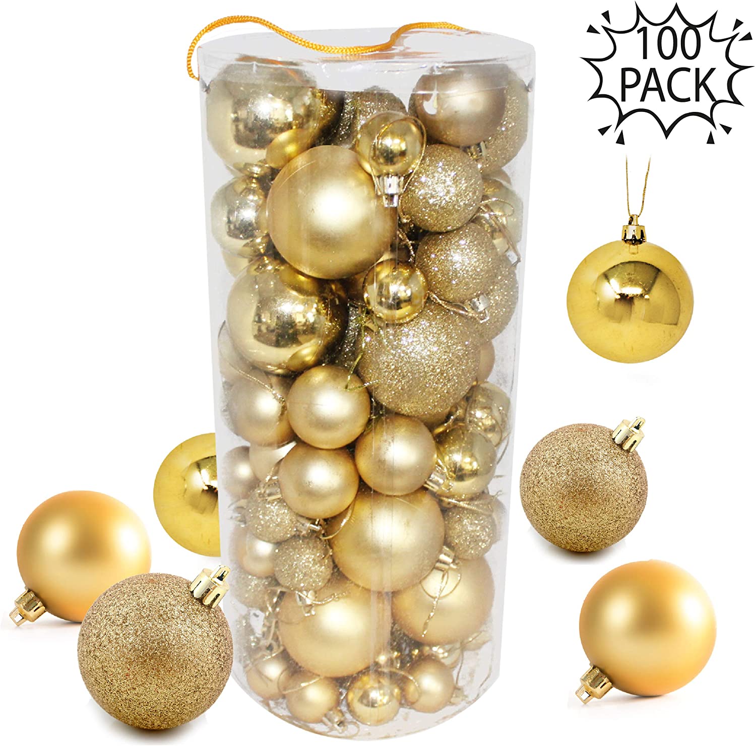 THE TWIDDLERS 100 Premium Gold Christmas Baubles, Assorted Sizes ...