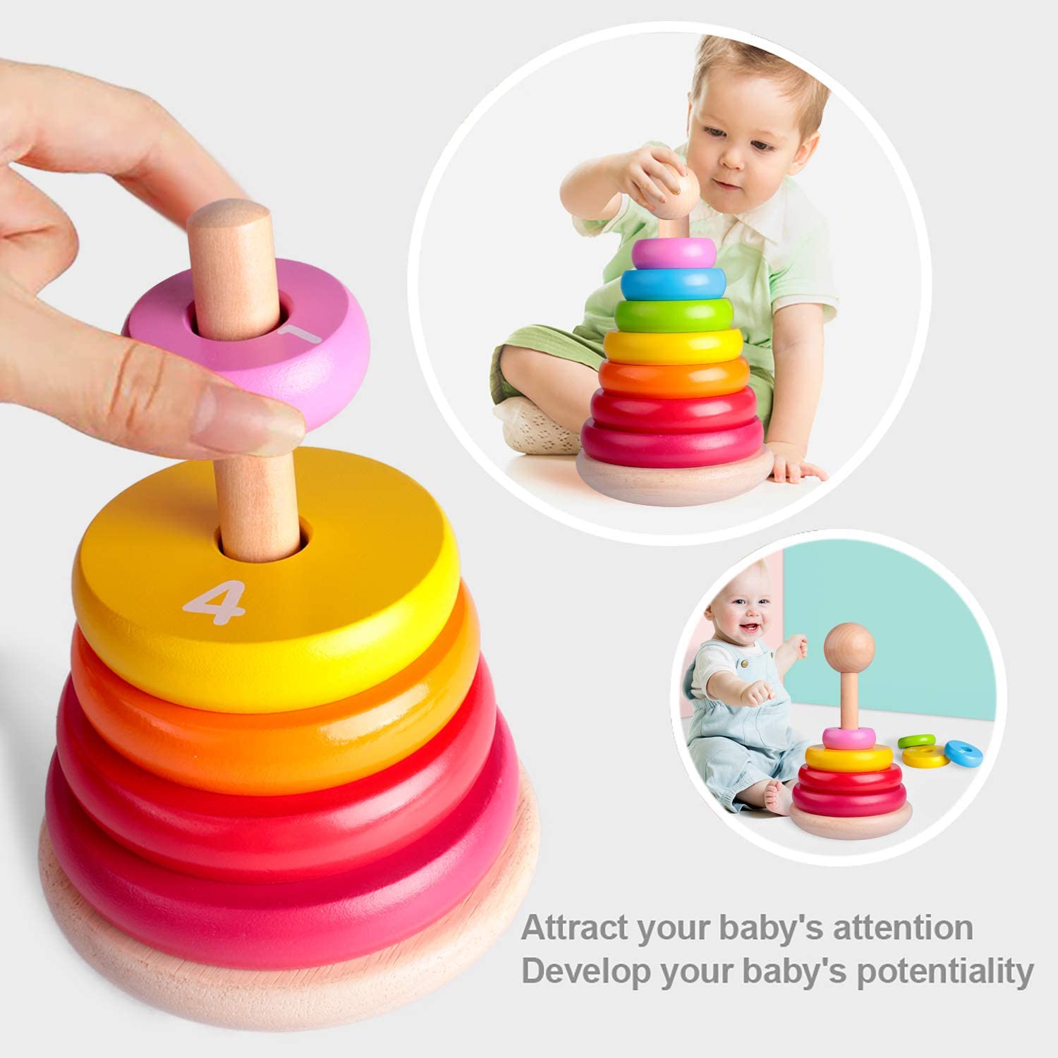 Rolimate 8 inch 8 Colors Wooden Ring Stacker Toy for Babies – Rainbow ...