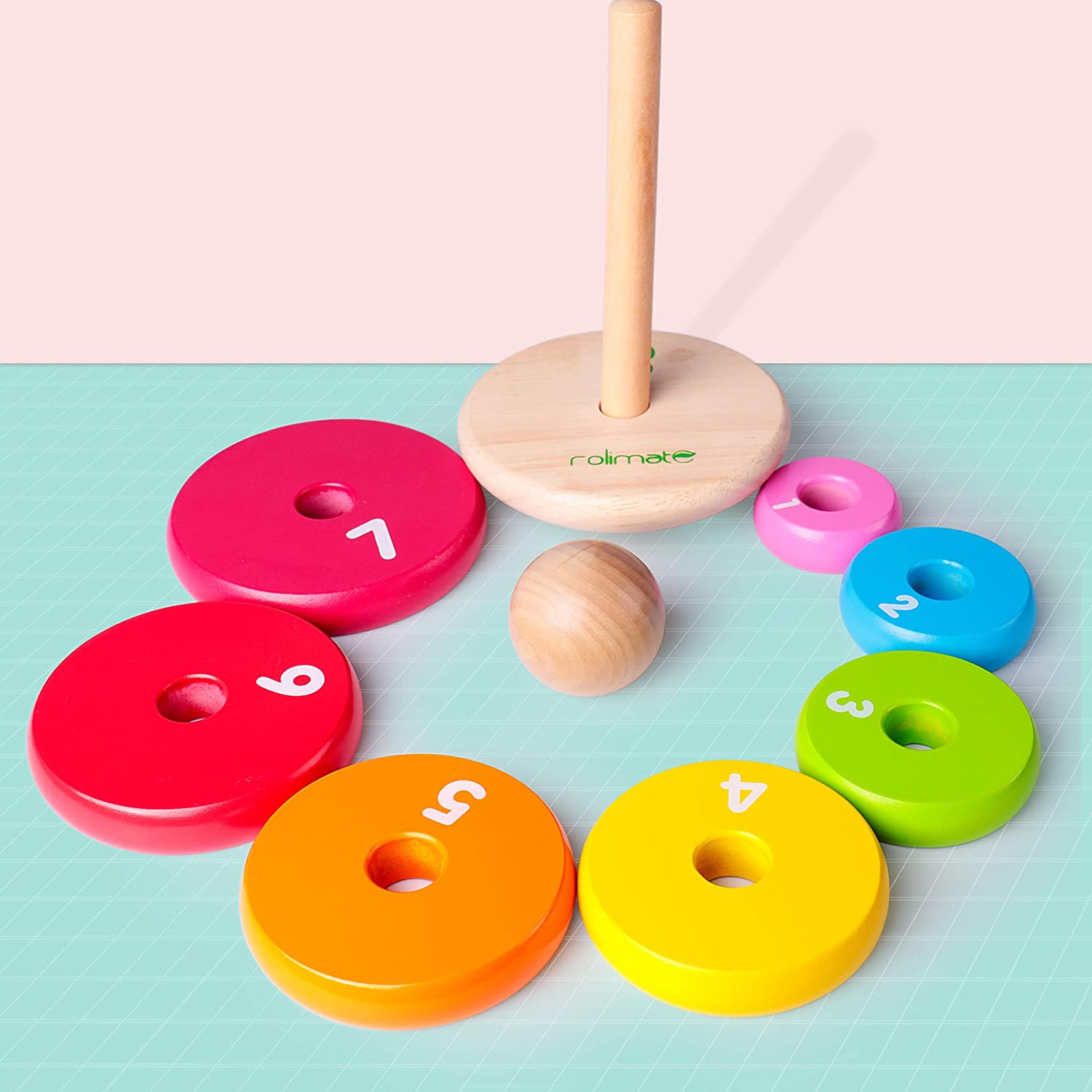 Rolimate 8 inch 8 Colors Wooden Ring Stacker Toy for Babies – Rainbow ...