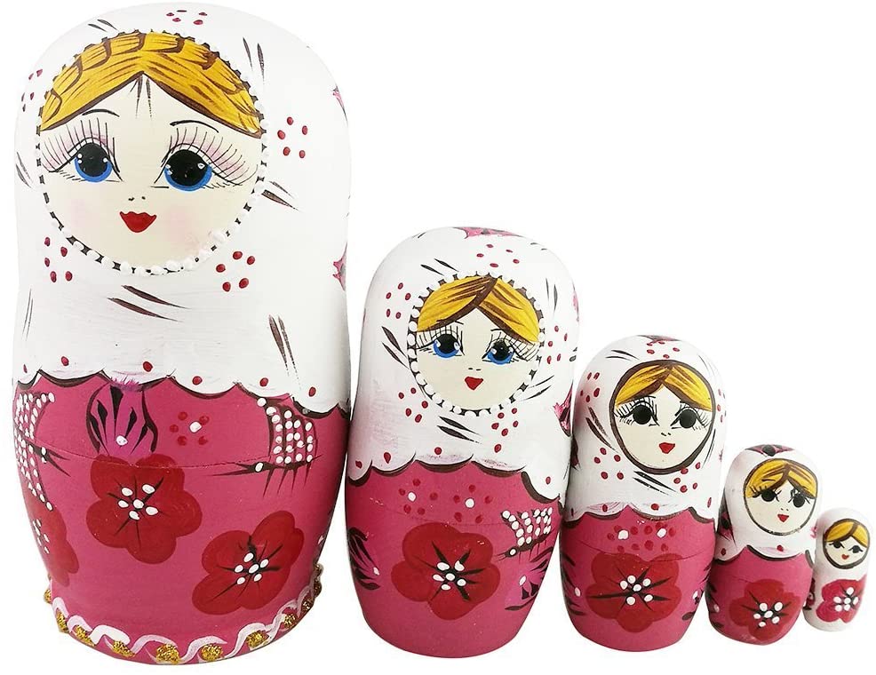 Set of 5 Rustic Style Red Flower Pink Matryoshka Dolls Russian Nesting ...