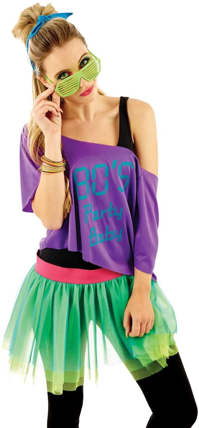 Womens 80s Purple & Green Neon Costume Adults Decades Party Tutu Outfit ...