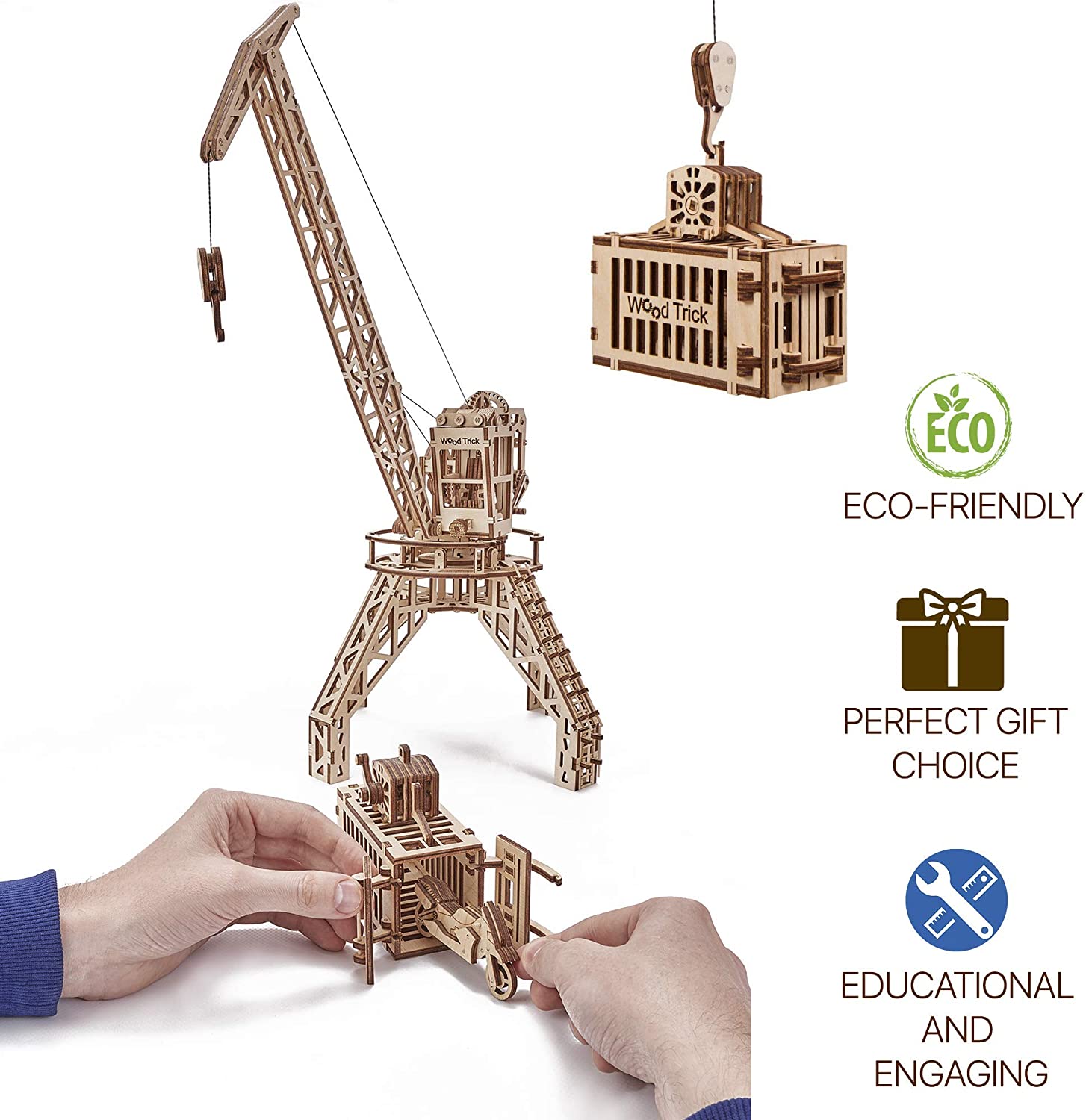 Wood Trick Crane Toy Set + Container, Wooden Toy Crane Playset ...