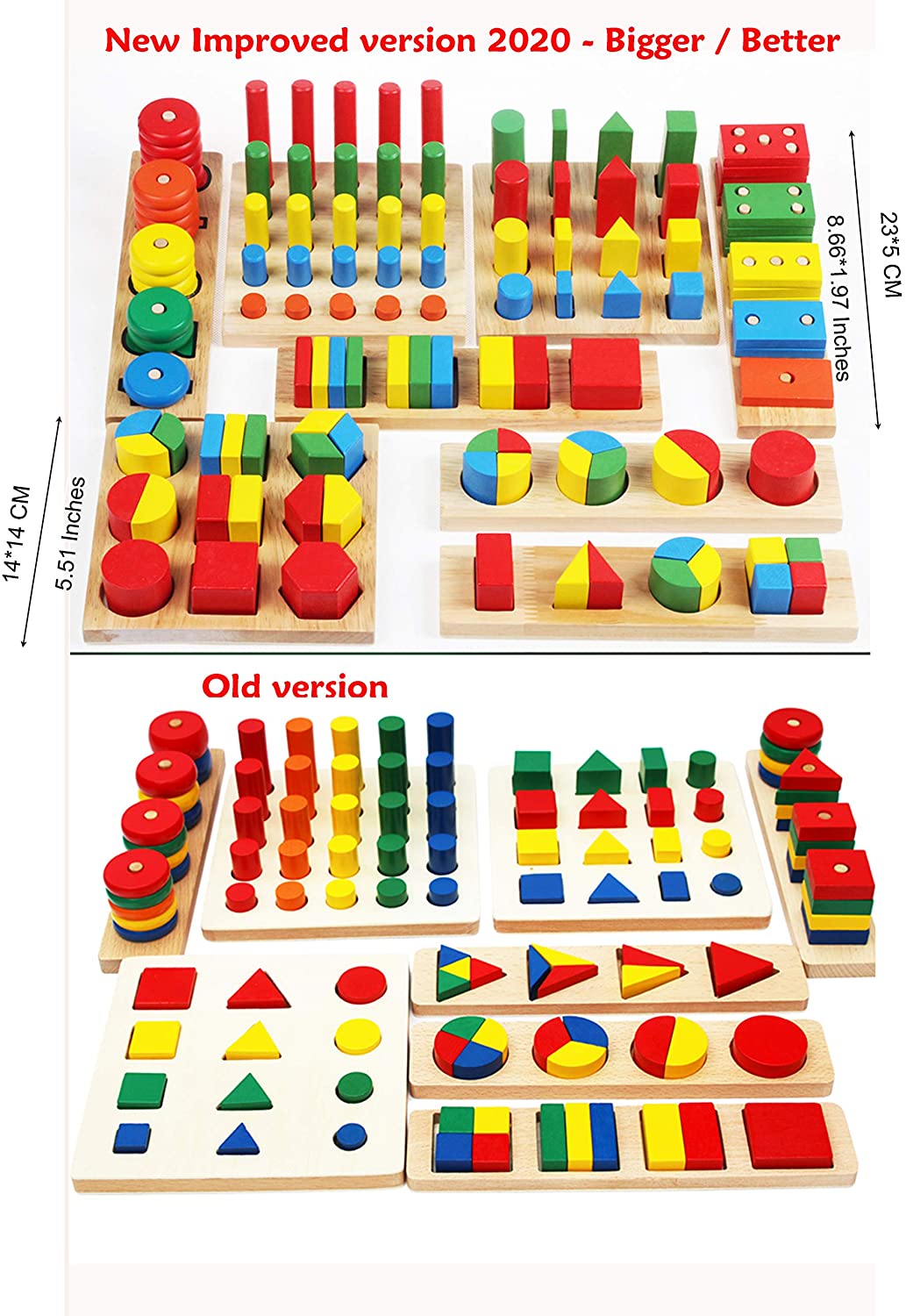 TOWO Wooden Geometric Shapes Stacking Rings and Fractions Boards 8 in 1 ...