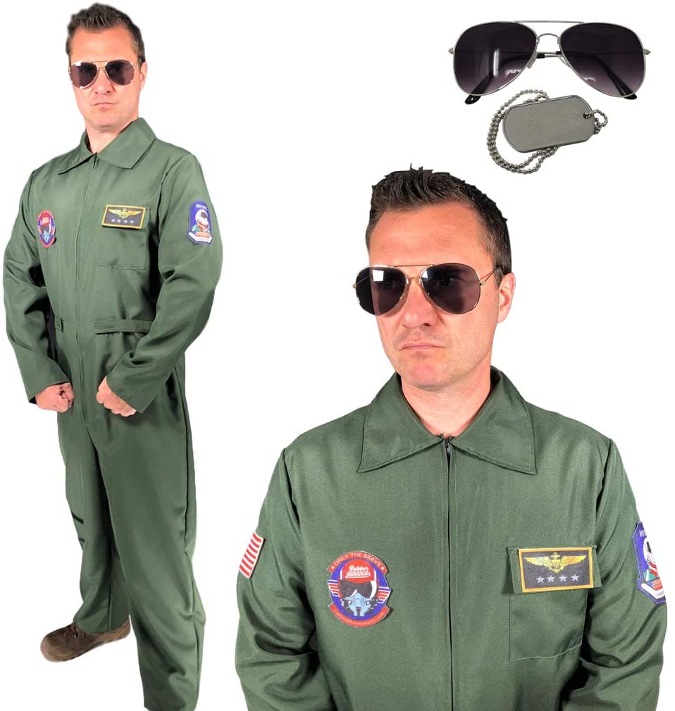 Adult Men’s Top Pilot Costume Captain Flight Suit Gun Attendant Fancy ...