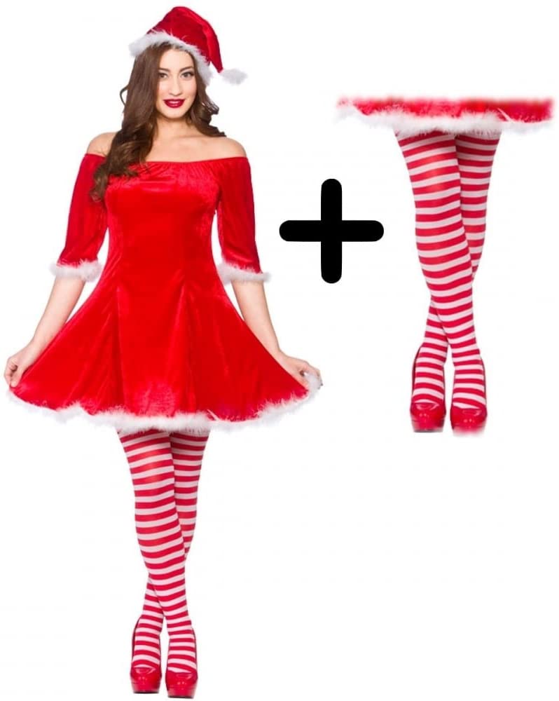 Mrs Sweet Santa Claus + Tights Ladies Fancy Dress Christmas Womens ...