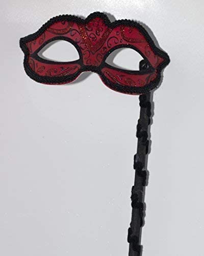 LADIES VENETIAN MASQUERADE PARTY EYE MASK ON A STICK BLACK & RED – TopToy