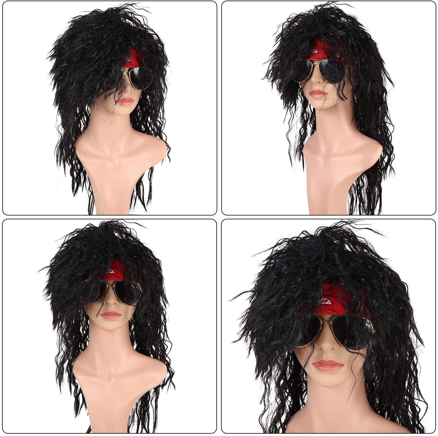 WILLBOND 6 Pieces 80s Rocker Wig Set Black Men Long Curly Disco Punk ...